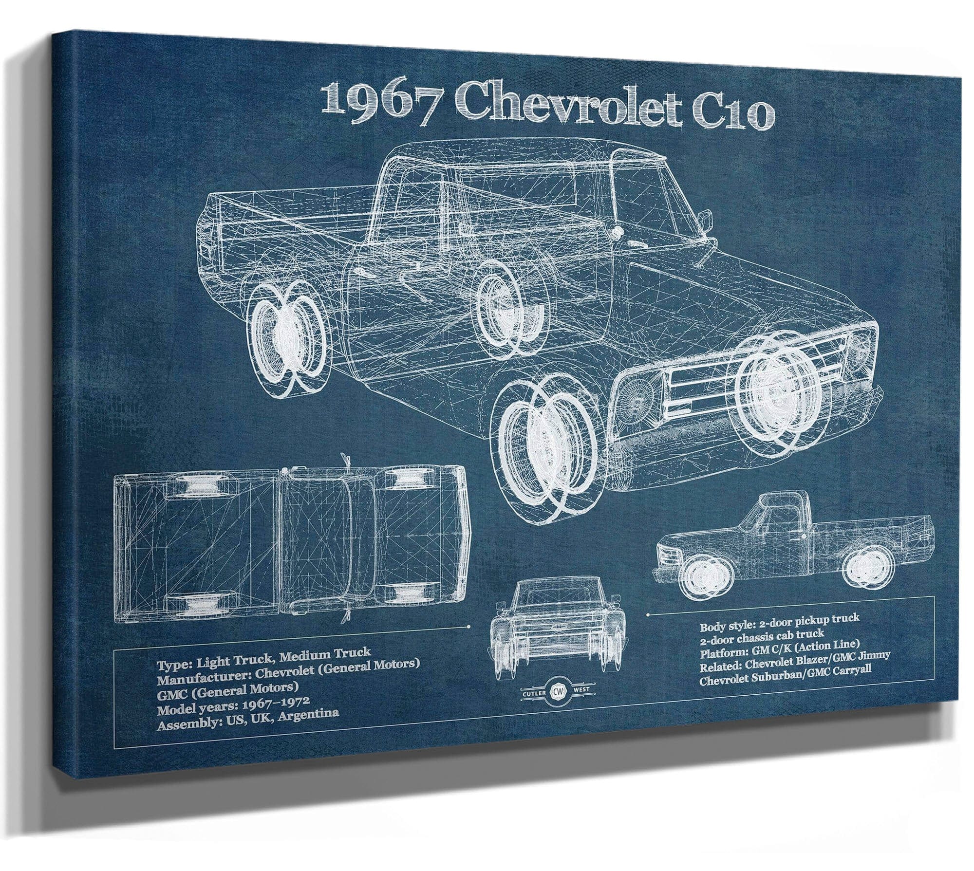 1967 Chevy C10 Shortbed Vintage Blueprint Truck Art by Cutler West