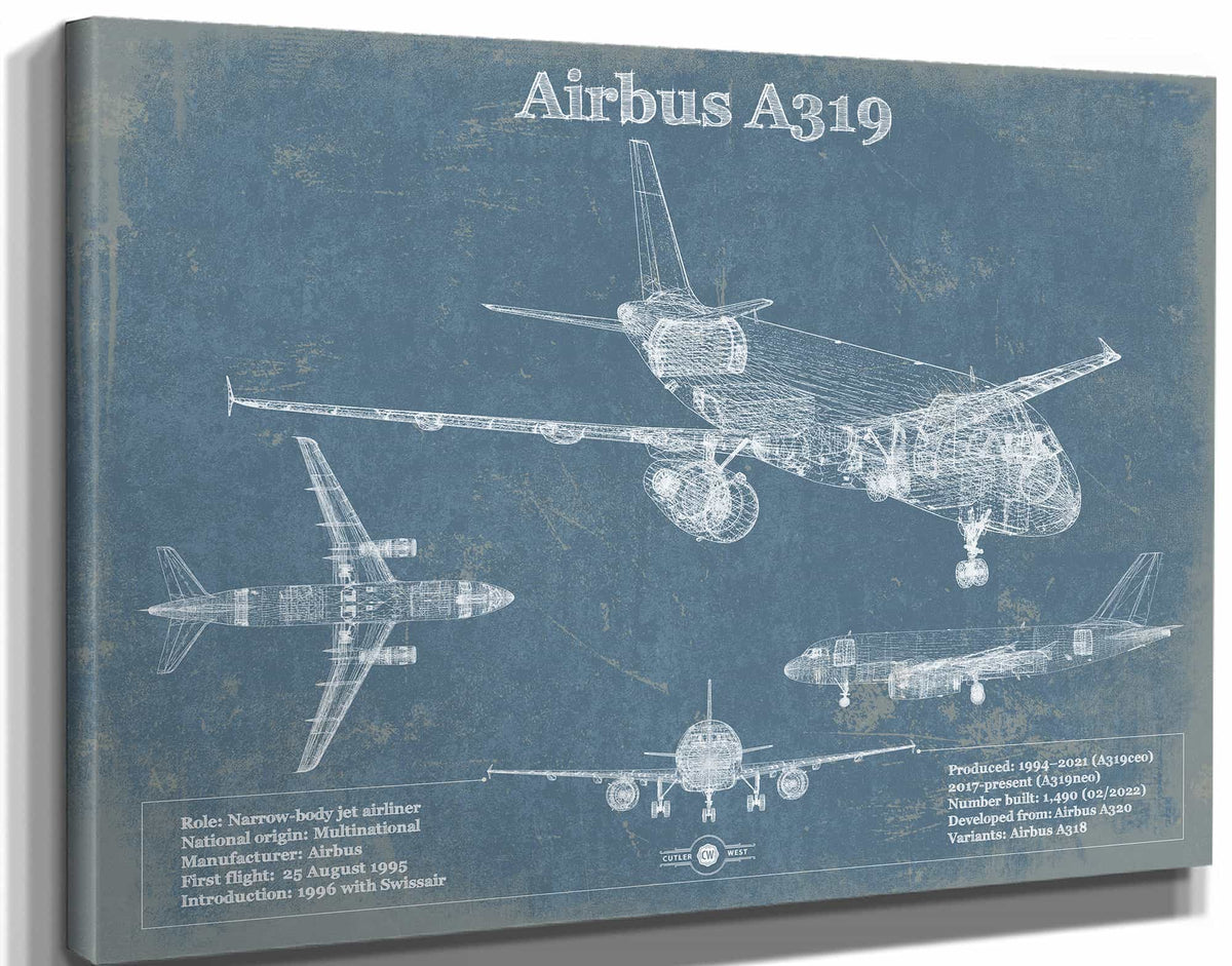 Airbus A319 Vintage Aviation Blueprint Art by Cutler West