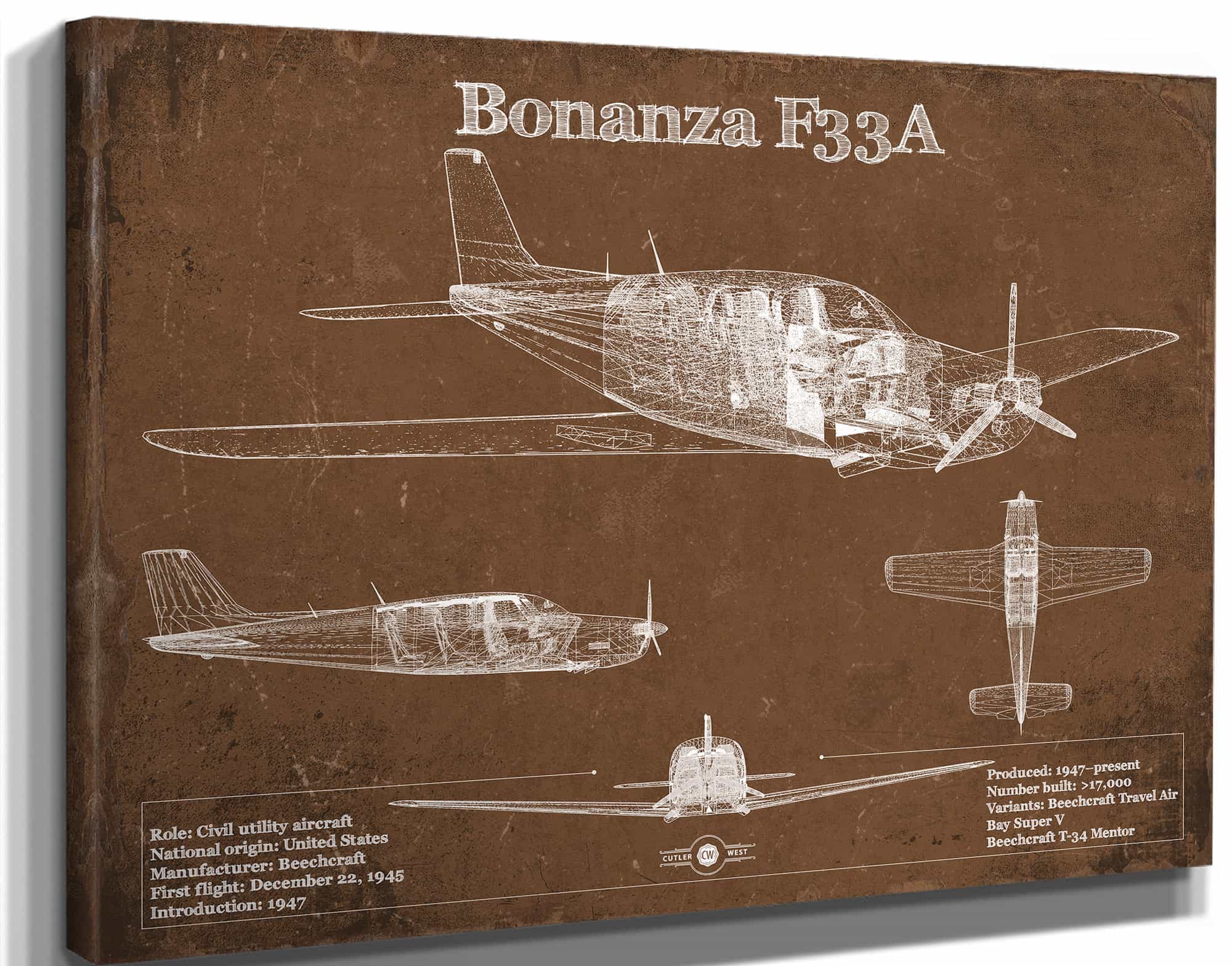Beechcraft Bonanza F33A Vintage Blueprint Airplane Art by Cutler West