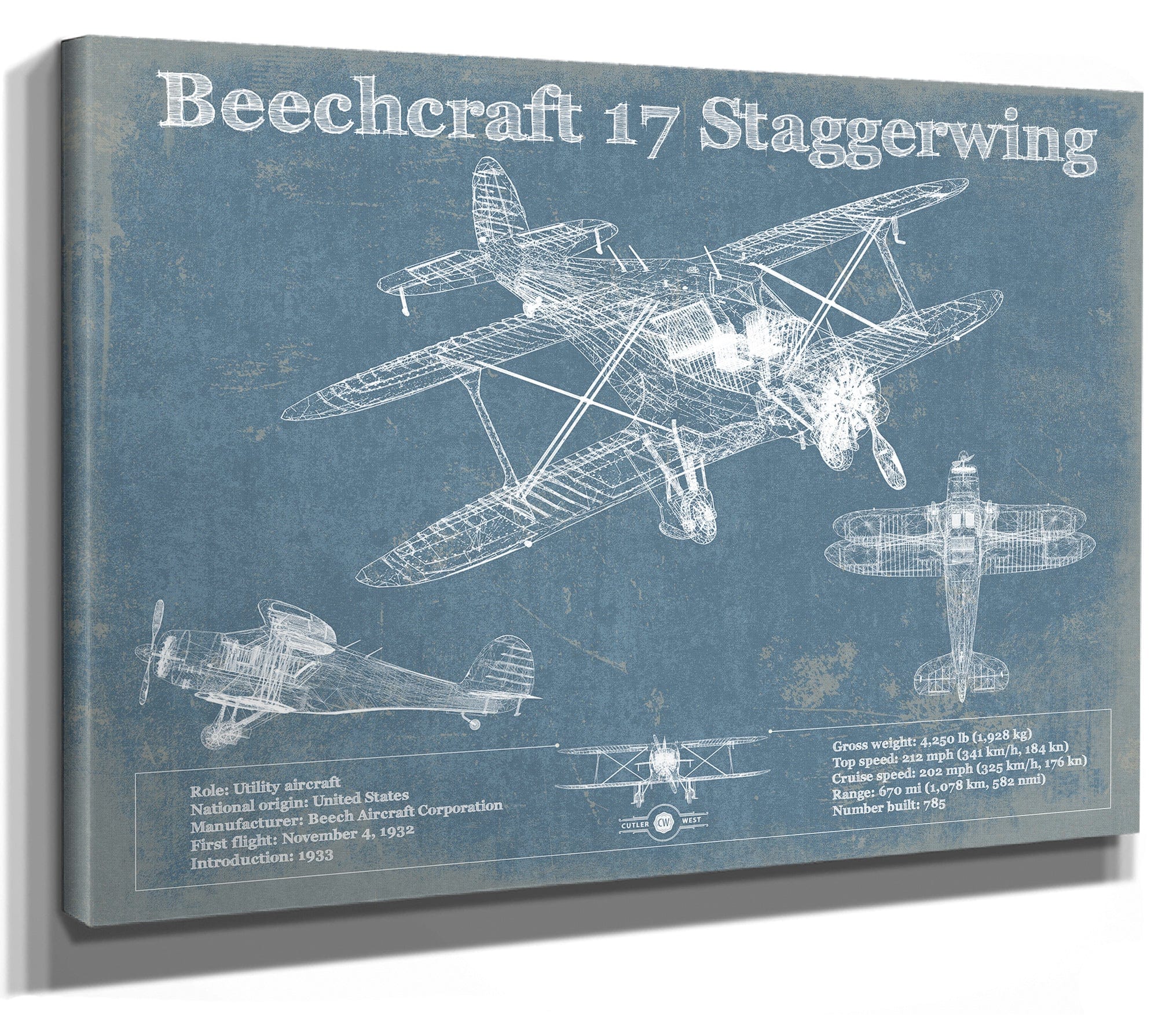 Beechcraft Model 17 Staggerwing Vintage Blueprint Airplane Art by ...