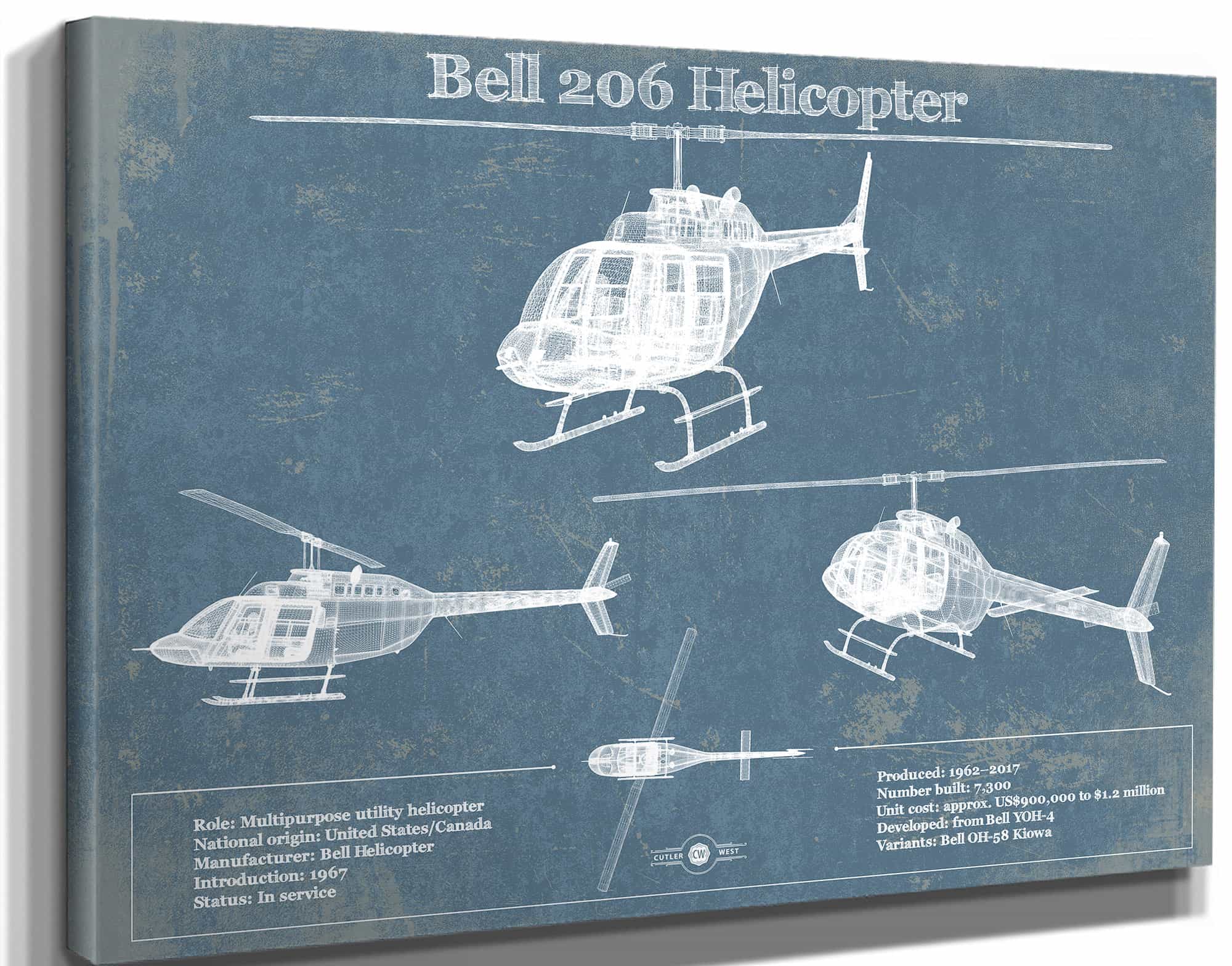 Bell 206 JetRanger/LongRanger Vintage Blueprint Helicopter Art by ...