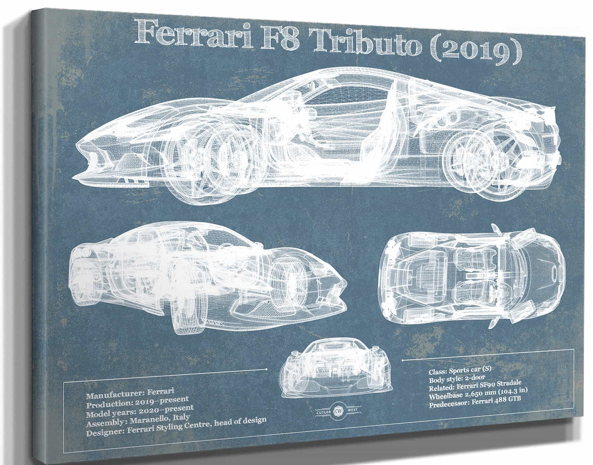 Ferrari F8 Tributo (2019) Blueprint Vintage Auto Art by Cutler West