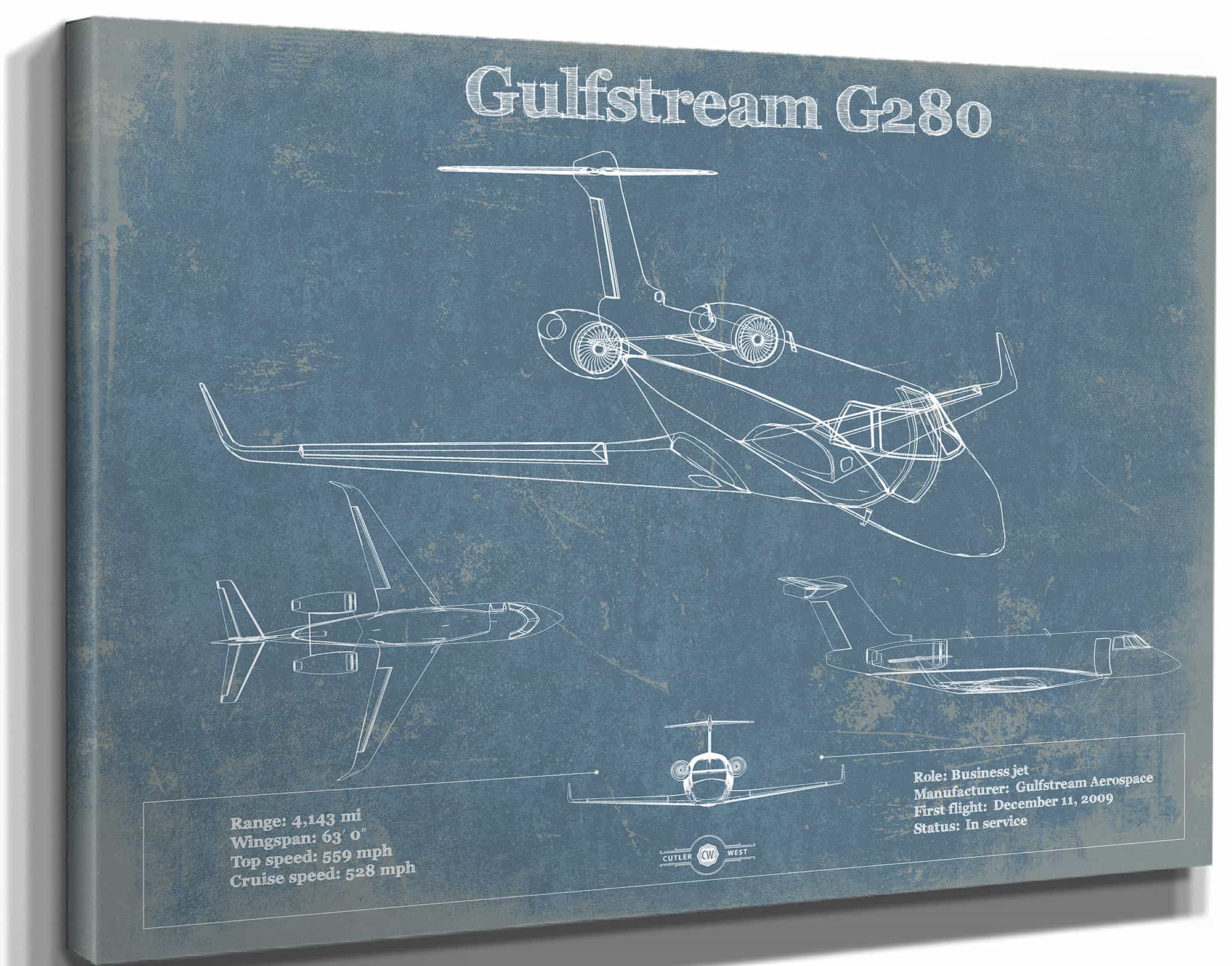 Gulfstream G280 Vintage Blueprint Airplane Art by Cutler West