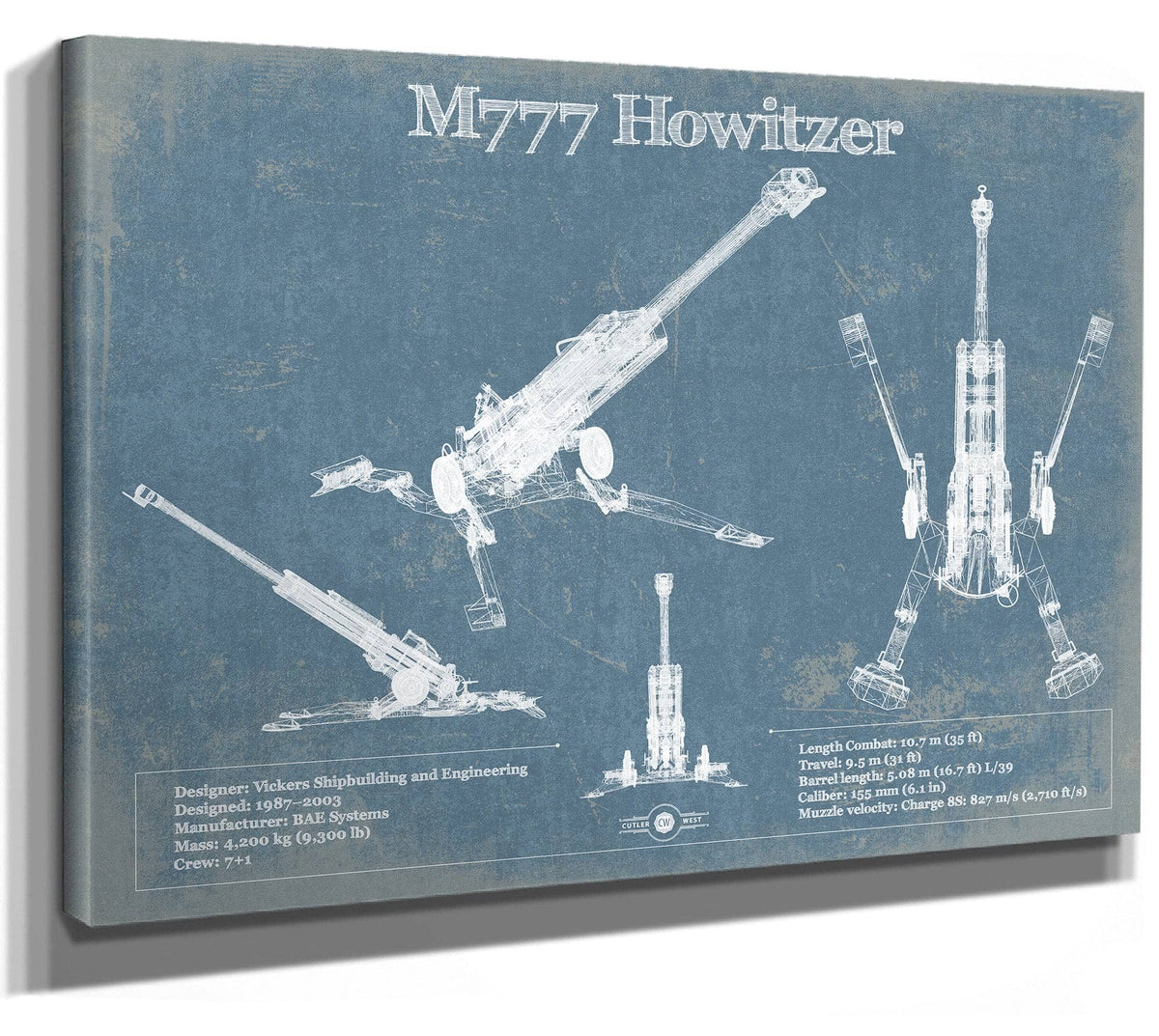 M777 155mm Howitzer Blueprint Vintage Military Art by Cutler West