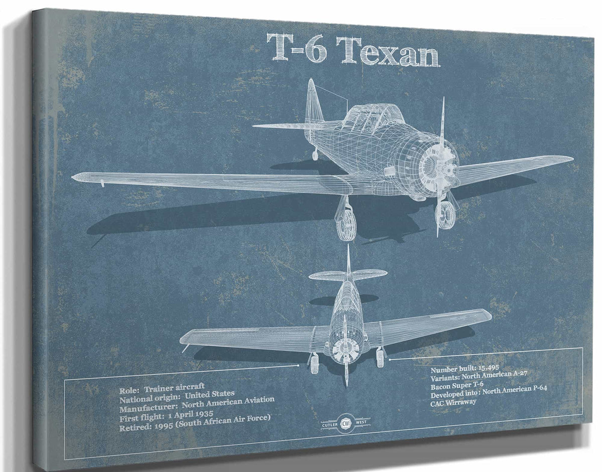 T-6 Texan Aircraft Blueprint Original Military Wall Art by Cutler West
