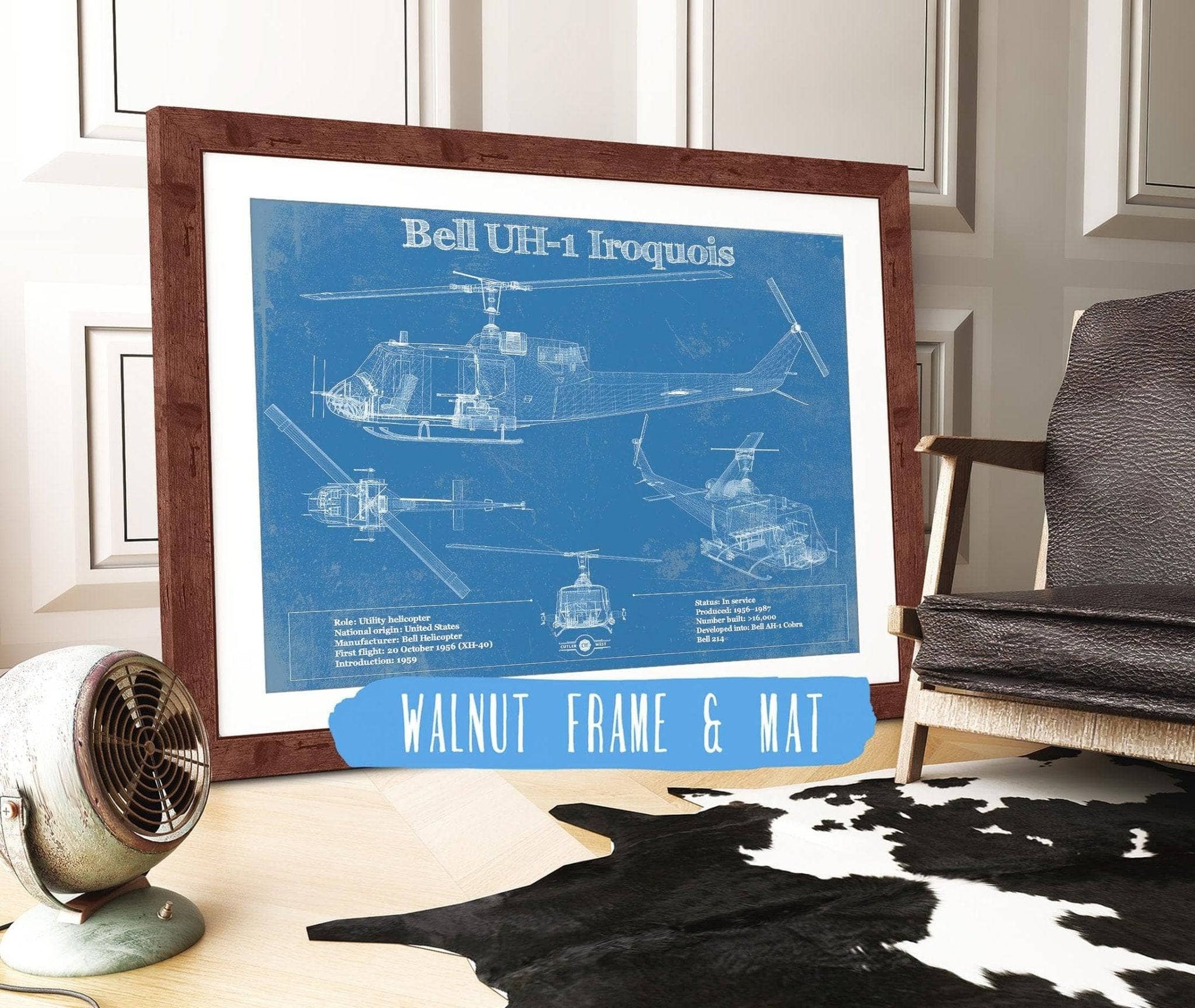 Bell UH-1 Iroquois (Huey) Vintage Blueprint Helicopter Art by Cutler West
