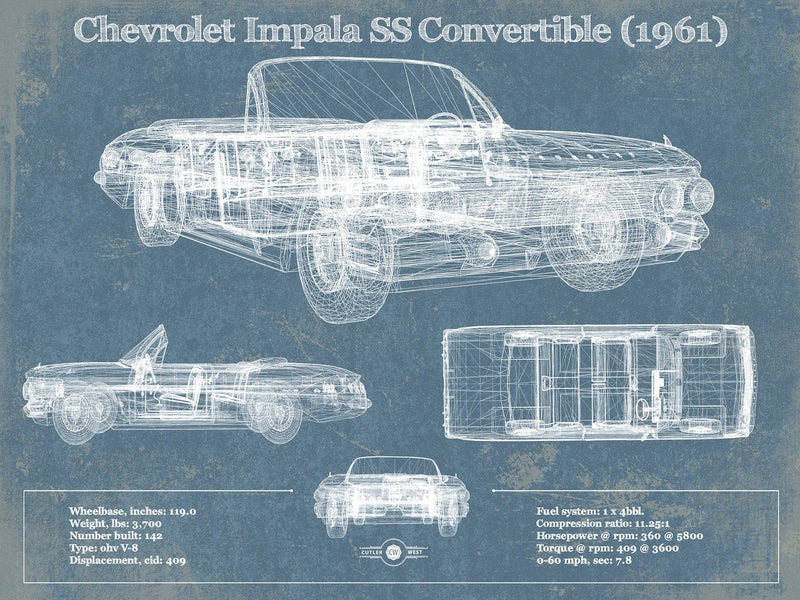 Chevrolet Impala SS Convertible (1961) Blueprint Vintage Auto Art by ...
