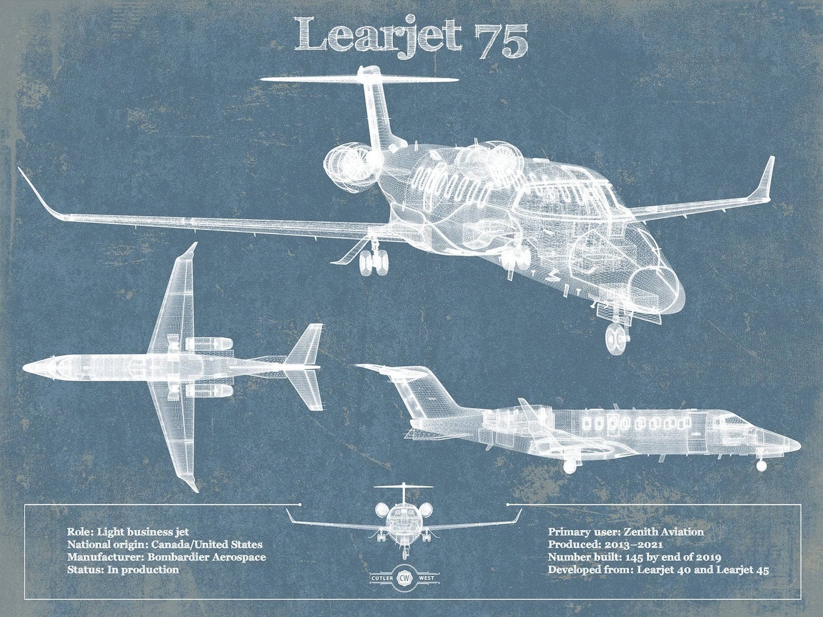 Learjet 75 Vintage Blueprint Airplane Art by Cutler West